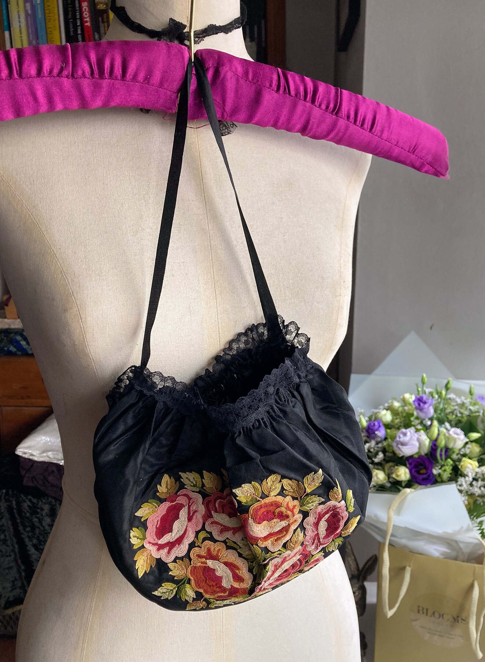 Antique Victorian Black Purse With Rose Floral Embroidery - Etsy