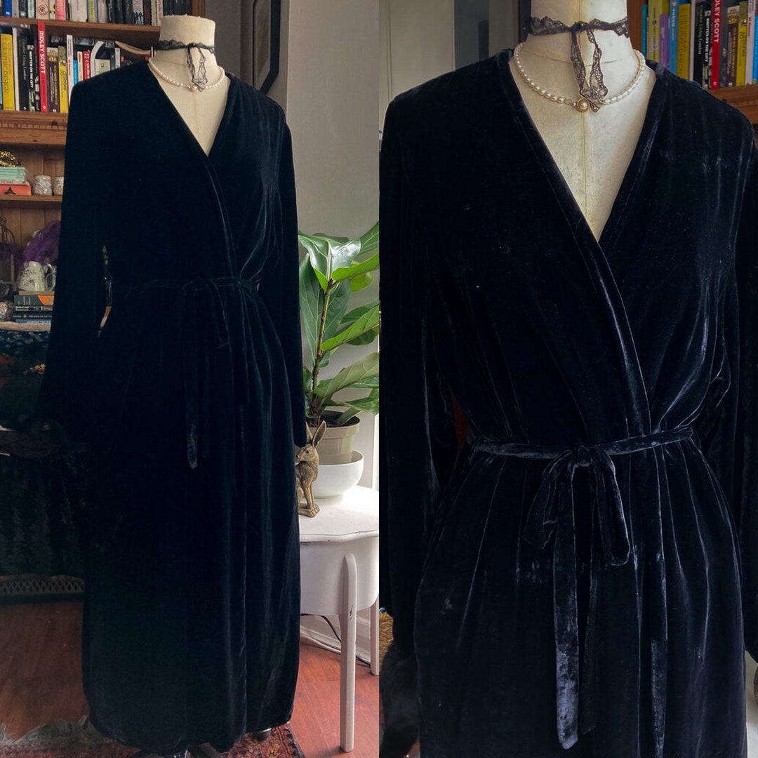 Original Vintage Black Silk Velvet Dressing Gown Long Belted Robe by ...