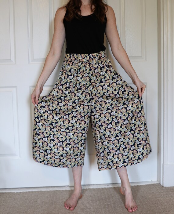 Vintage Flowy Culottes Pants - Postage Print - 1980's… - Gem