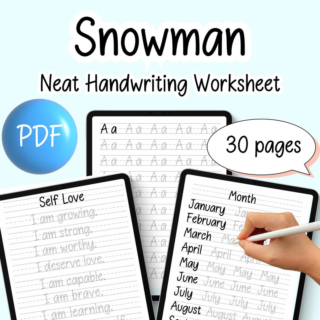 Snowman Handwriting Practice Worksheet: Neat Penmanship (PDF) - Etsy