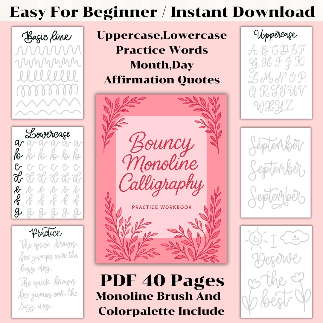 Bouncy Monoline Calligraphy Workbook: Lettering Practice Sheets (PDF ...
