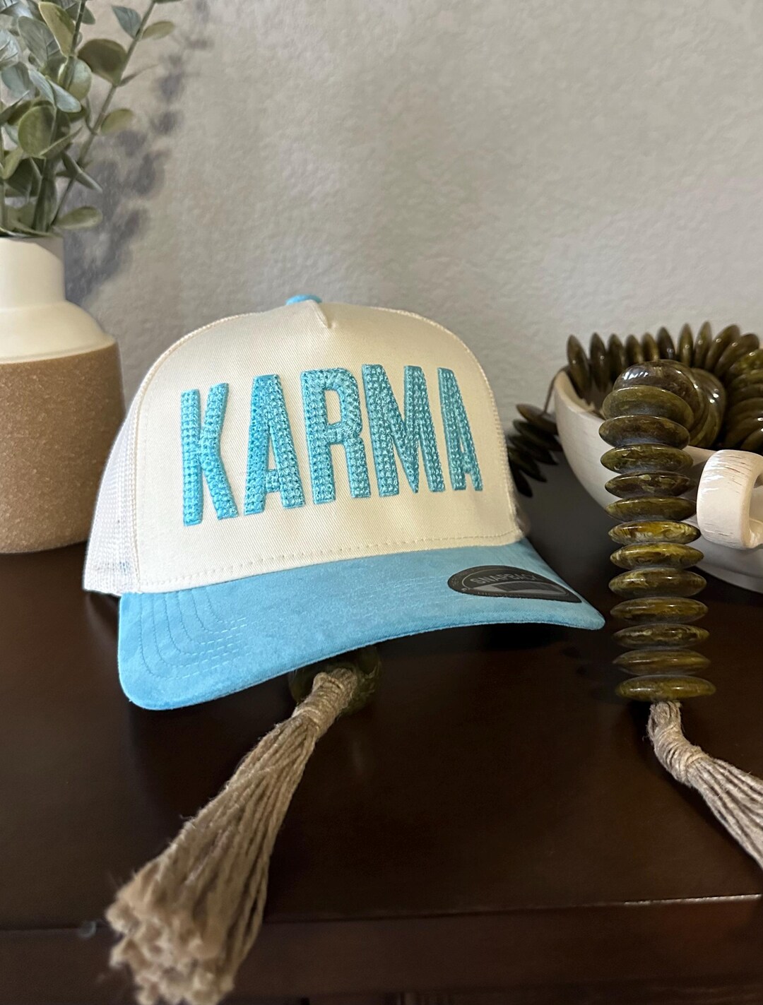 KARMA Puff 3D Embroidered Trucker Hat Baby Blue, Suede Brim - Etsy