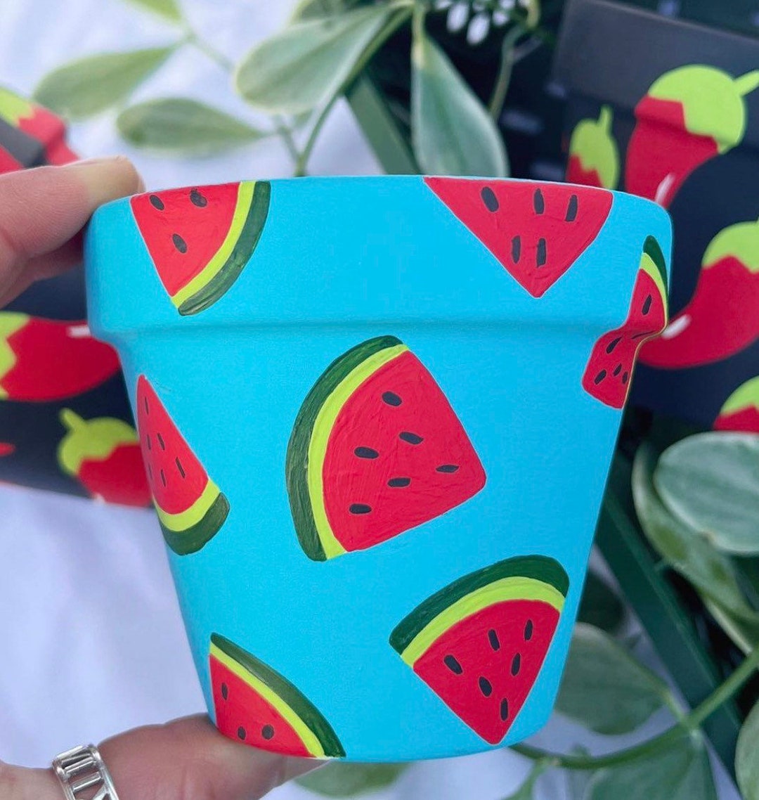 Hand Painted Watermelon Summer Fruity Indoor Plant Pot, Terracotta ...