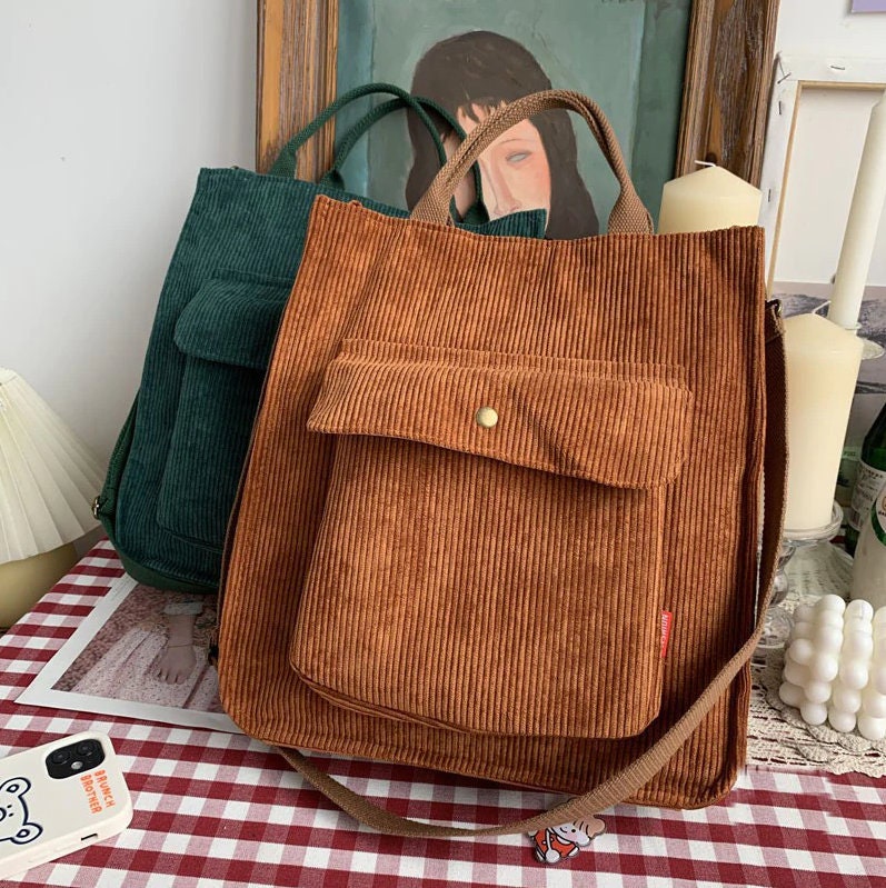 Corduroy Tote Bag With Pocket Velvet Crossbody Bag Vintage Etsy