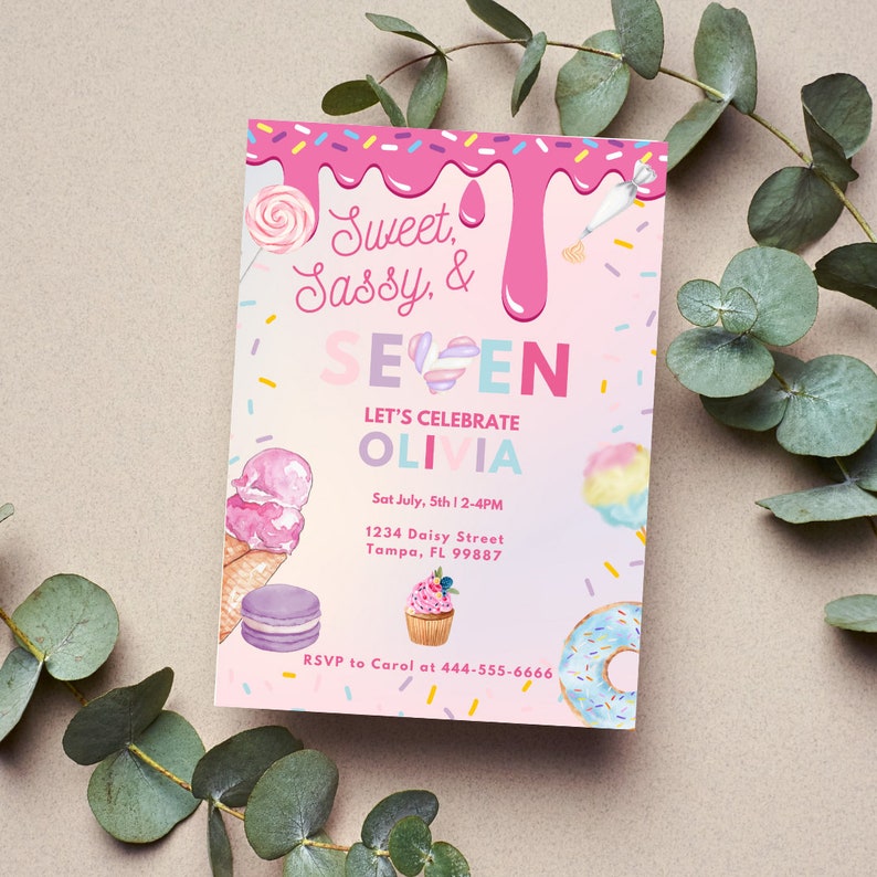 Editable Sweet Seven Birthday Invitation, Girl Party (digital Download ...