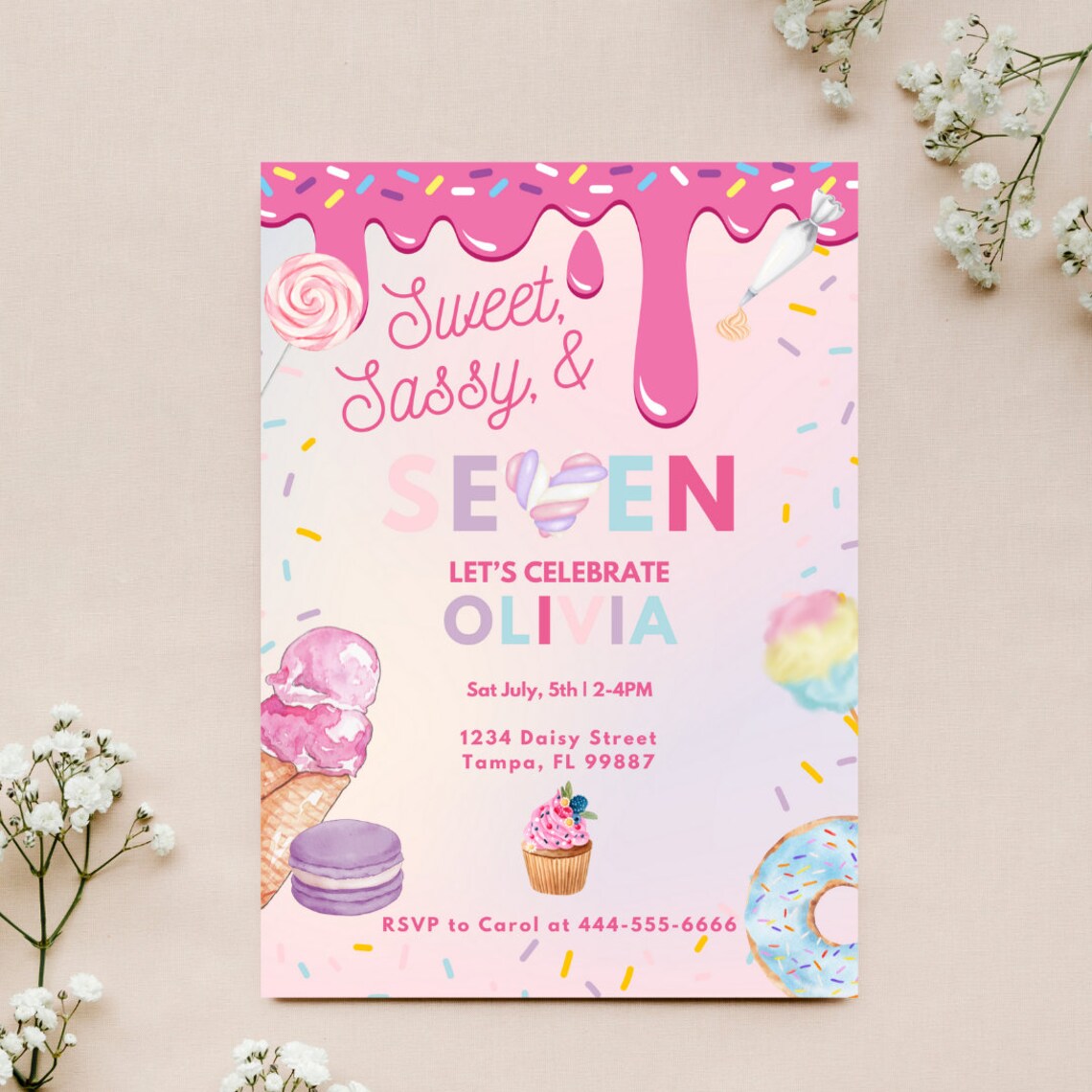 Editable Sweet Seven Birthday Invitation, Girl Party (digital Download ...