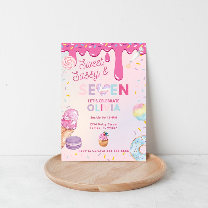 Editable Sweet Seven Birthday Invitation, Girl Party (digital Download ...