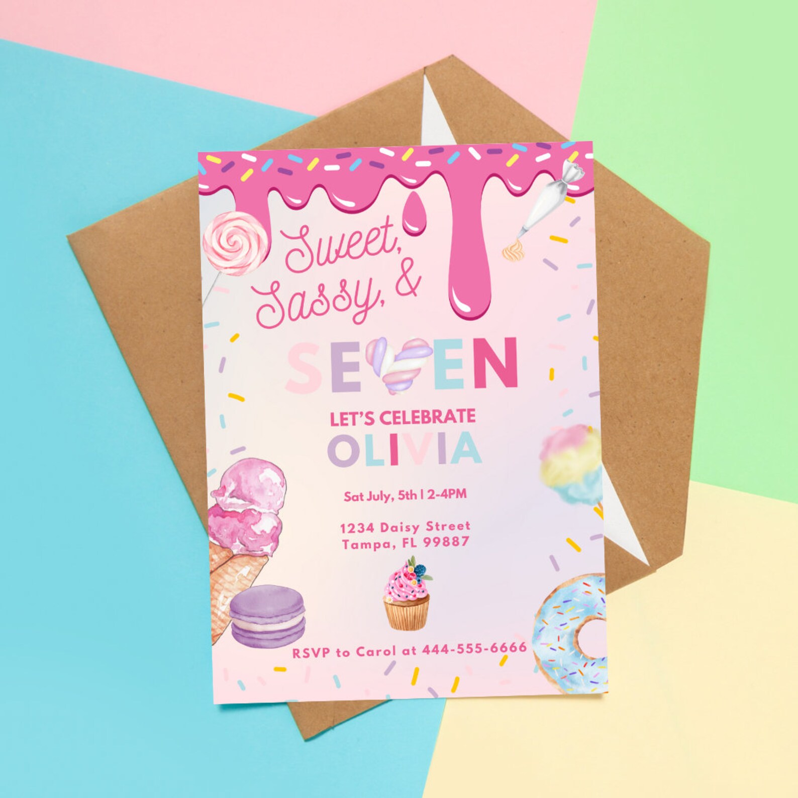 Editable Sweet Seven Birthday Invitation, Girl Party (digital Download ...