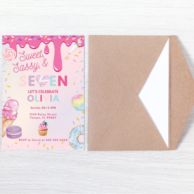 Editable Sweet Seven Birthday Invitation, Girl Party (digital Download ...