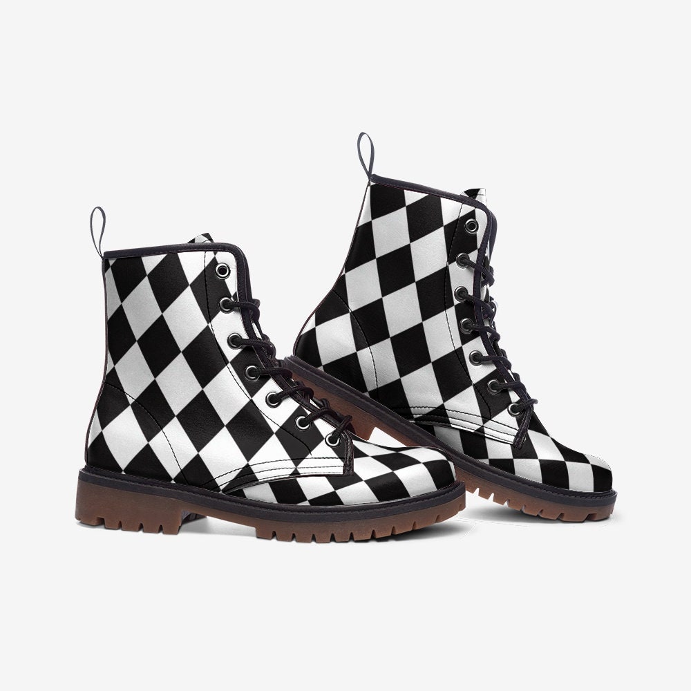 Alice Checkered Black White Leather Unisex Boots, Vegan Leather, Combat ...