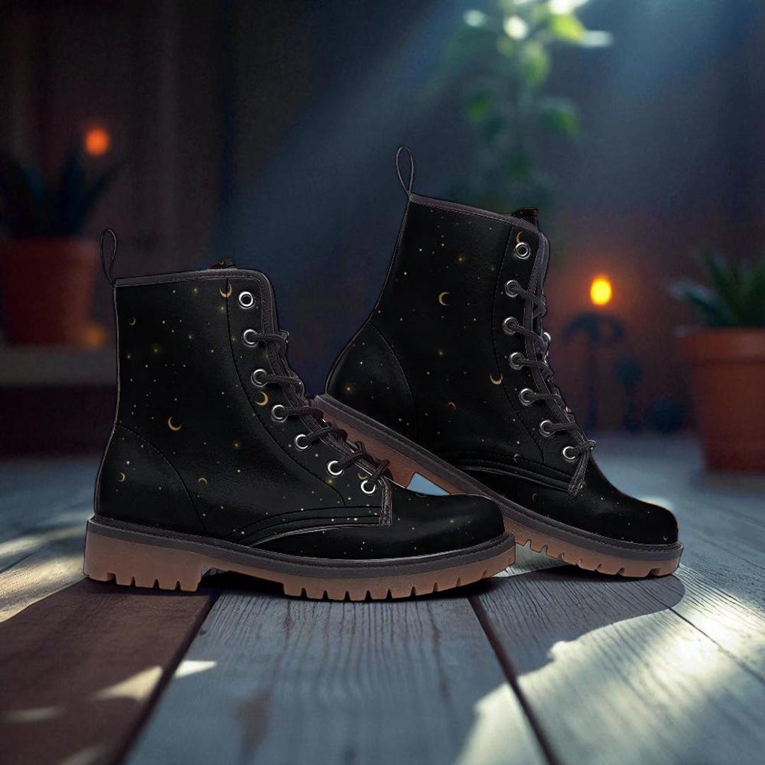 Gold Stars & Moon Black Vegan Combat Boots, Celestial Boots, Mystical ...
