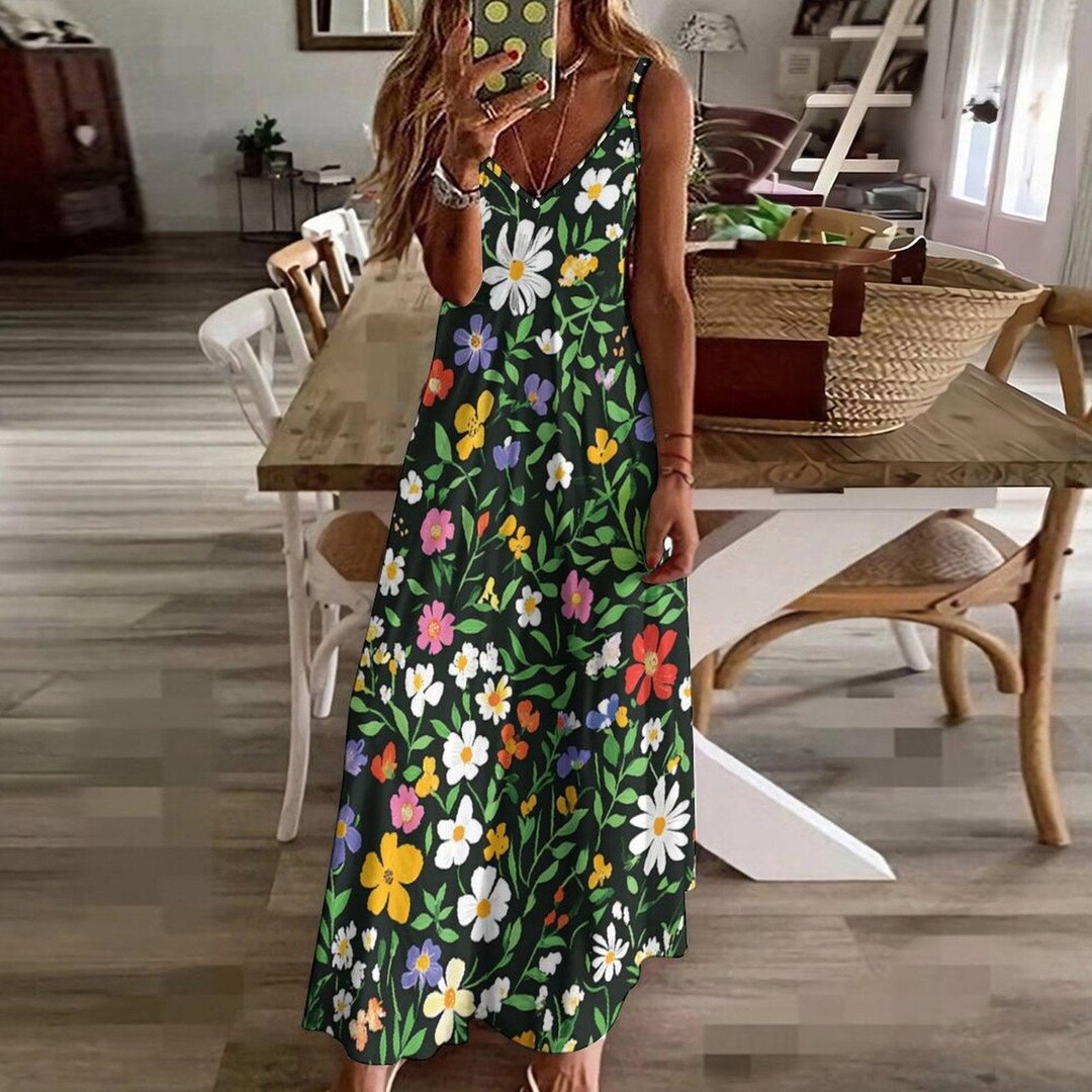 Wildflower Garden Maxi Dress, Green Floral Cottagecore Sundress ...
