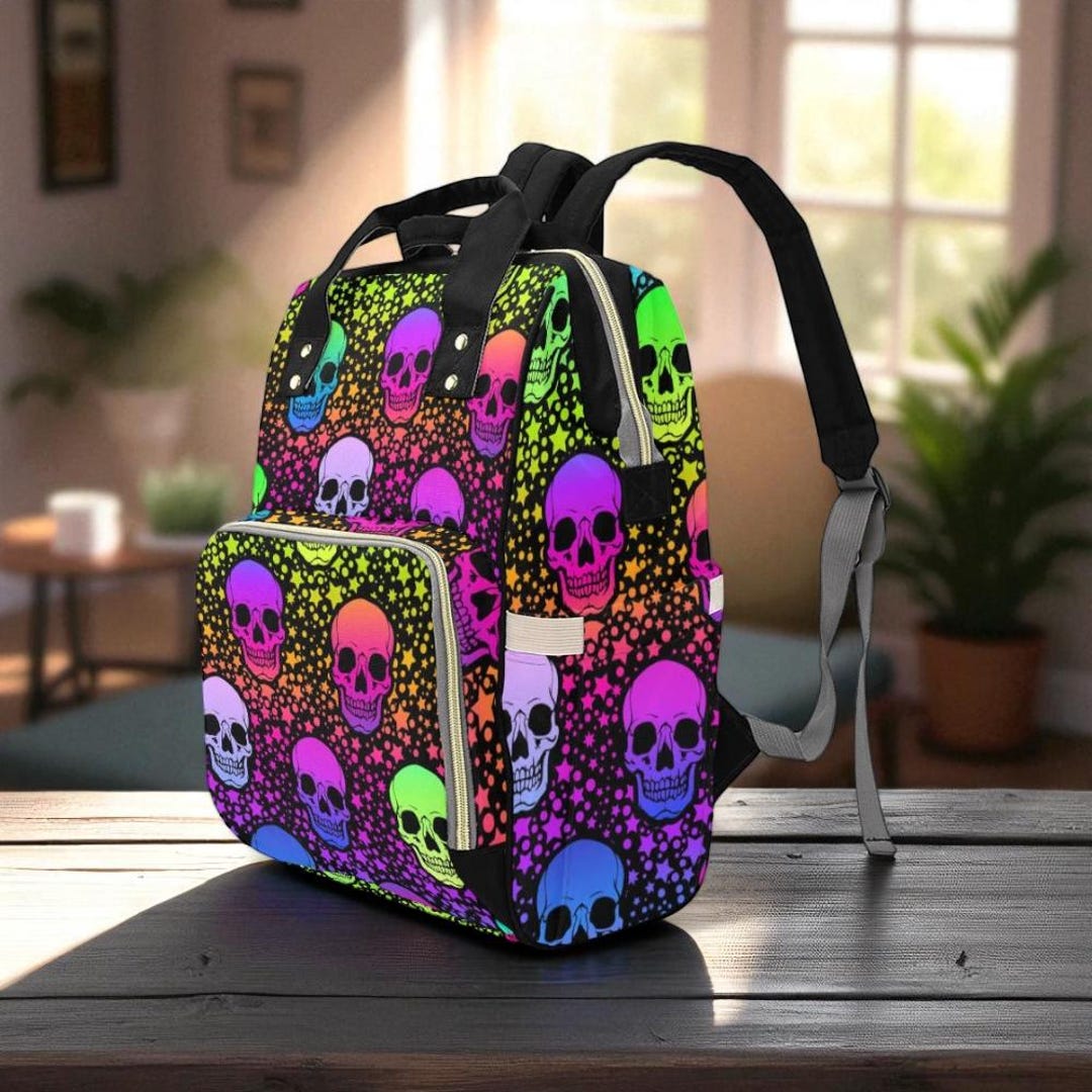 Neon Skull Diaper Backpack, Gothic Mom Bag, Rainbow Skull Baby Gear ...