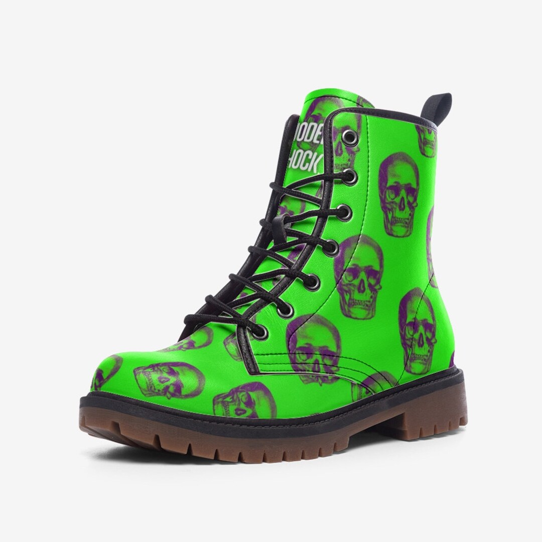 Neon Green Skull Rave Leather Unisex Boots, Vegan Leather, Combat Boots ...