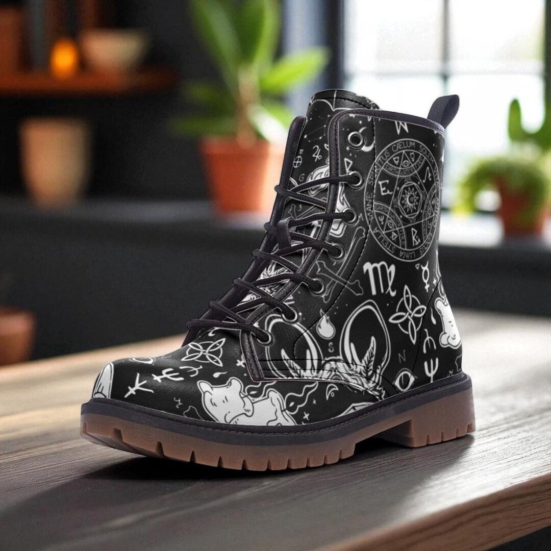 Zodiac Circle Combat Boots, Astrology Occult Lace up Shoes, Celestial ...