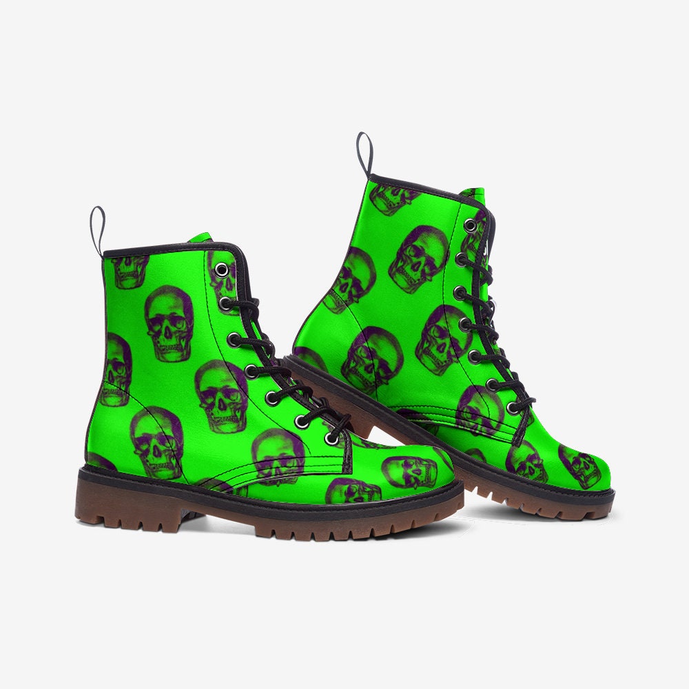 Neon Green Skull Rave Leather Unisex Boots Vegan Leather - Etsy