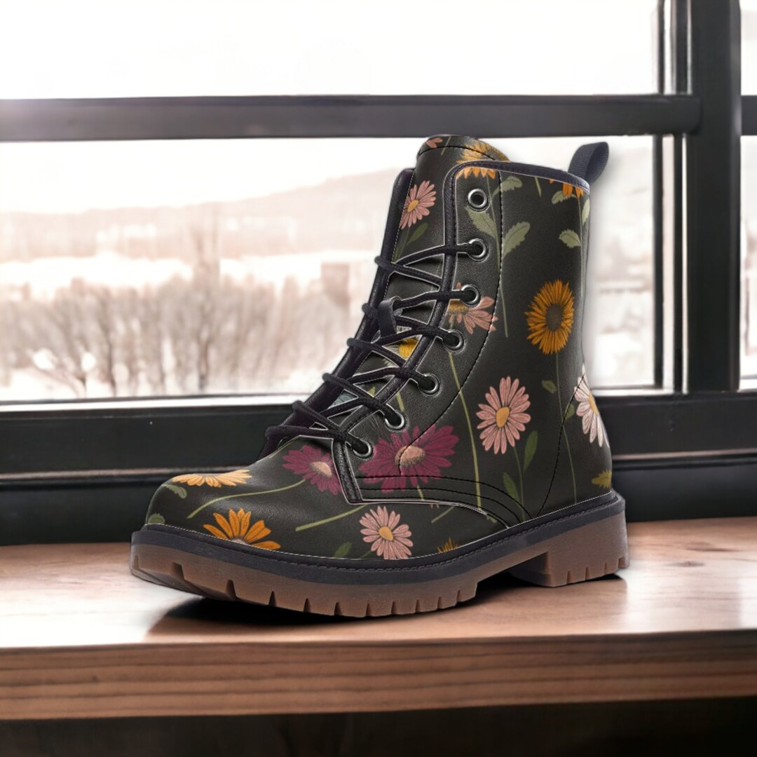 Boho Floral Vegan Leather Combat Boots, Flowers Witch Lace up Boots ...