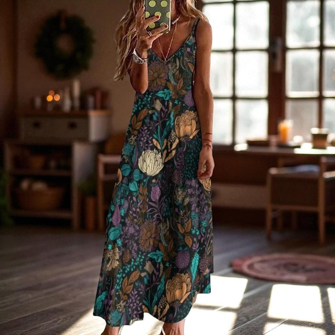 Dark Botanical Maxi Dress, Enchanted Floral Sundress, Witchy Bohemian ...