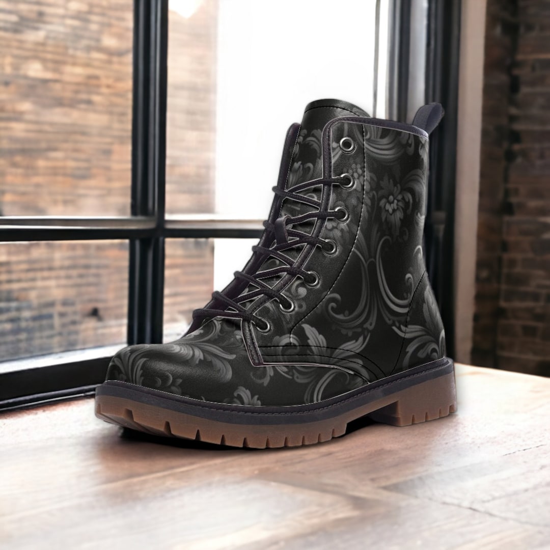 Gothic Black Vegan Combat Boots, Faux Leather Combat Boots, Goth Girl ...