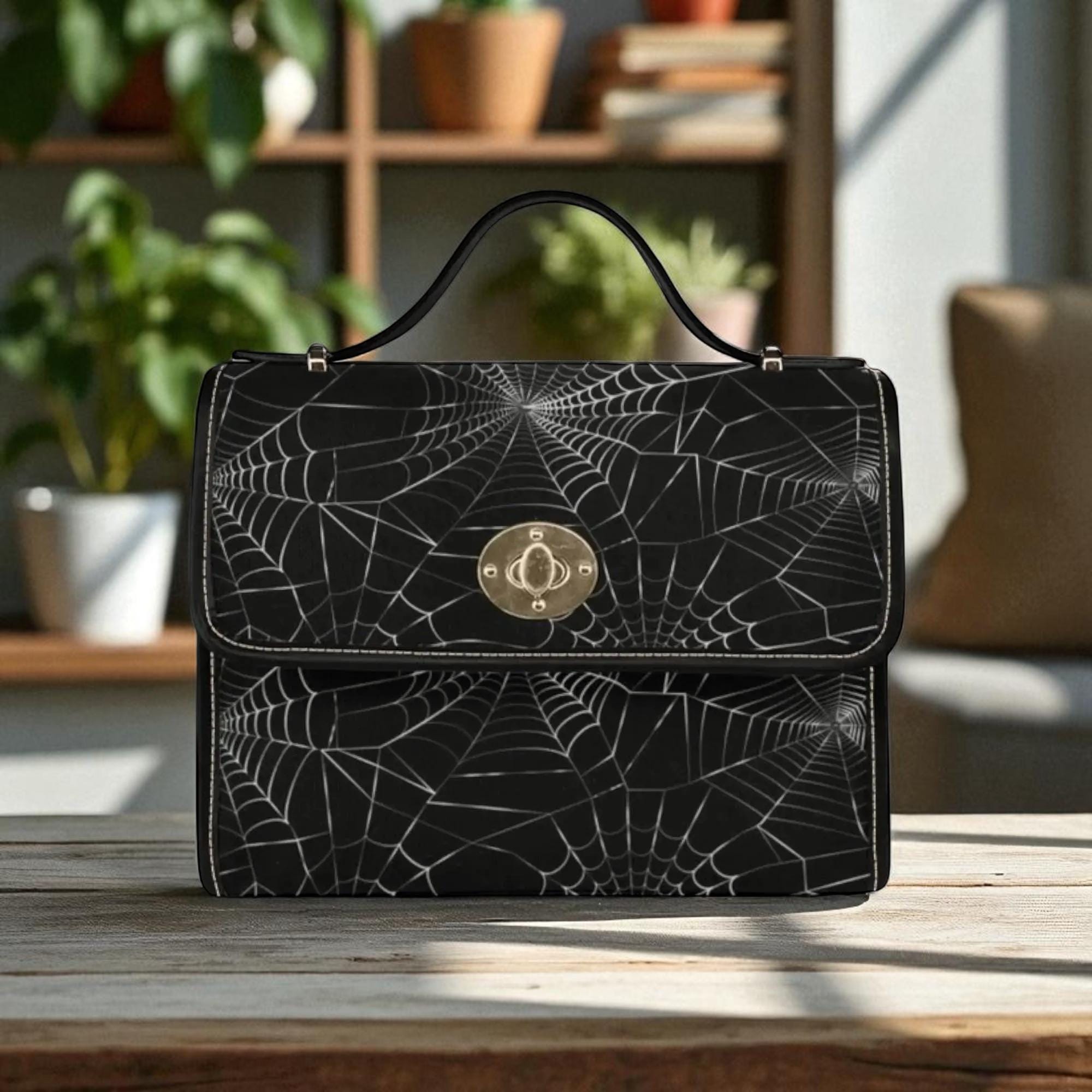 Web Print Black Satchel, Spider Design Crossbody Purse, Halloween ...