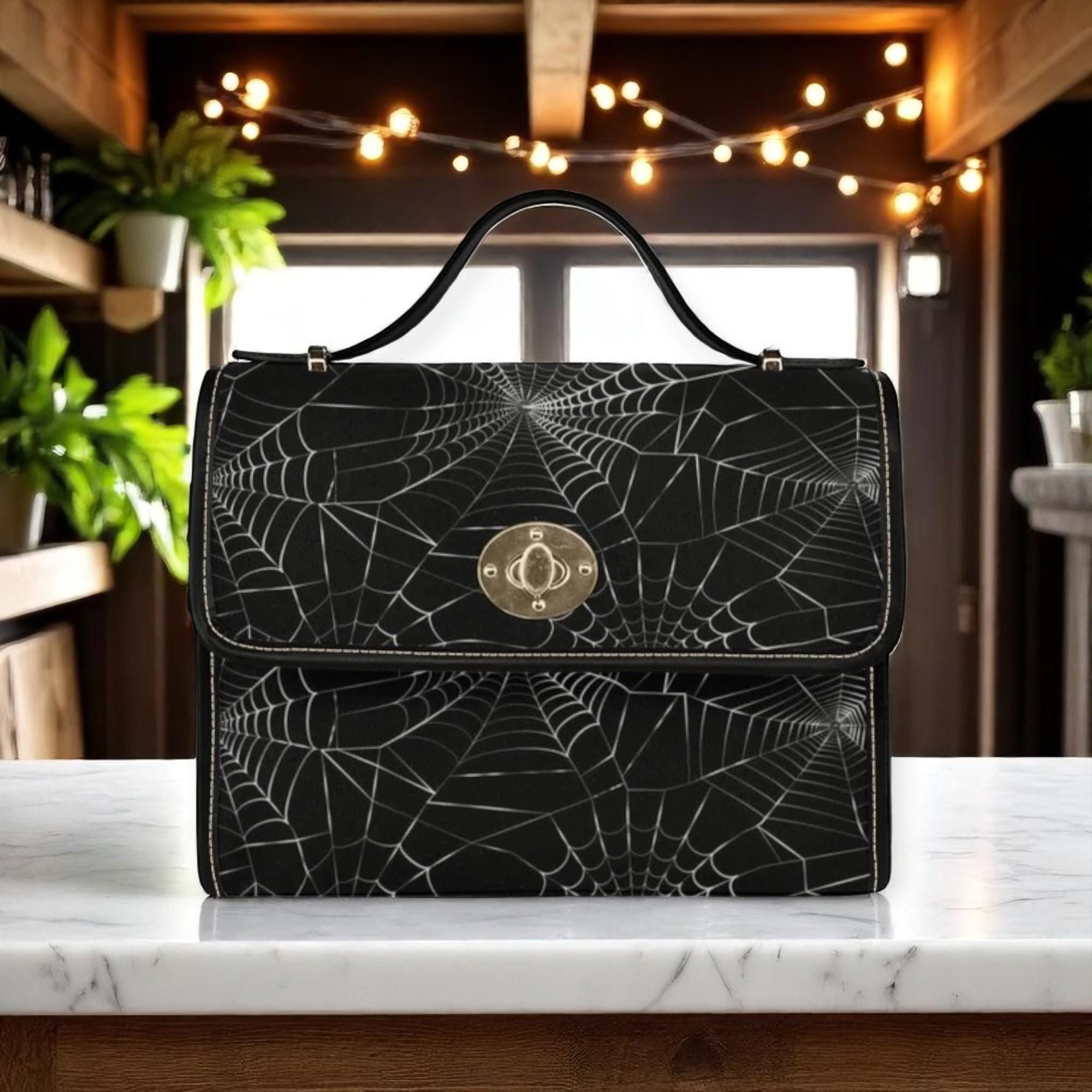 Web Print Black Satchel, Spider Design Crossbody Purse, Halloween ...