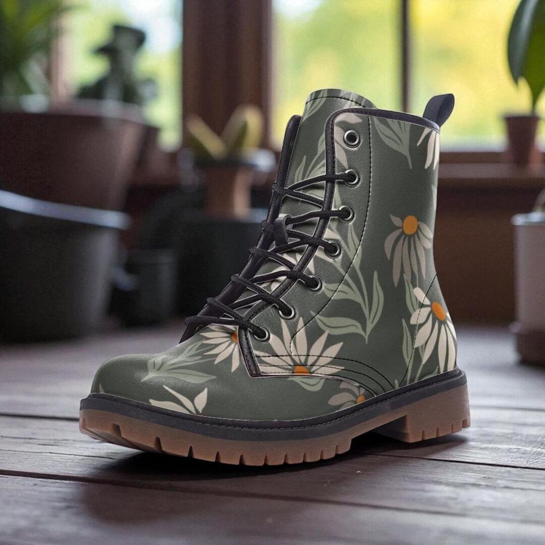Daisy Meadow Vegan Leather Combat Boots: Cottagecore Floral Lace-up - Etsy