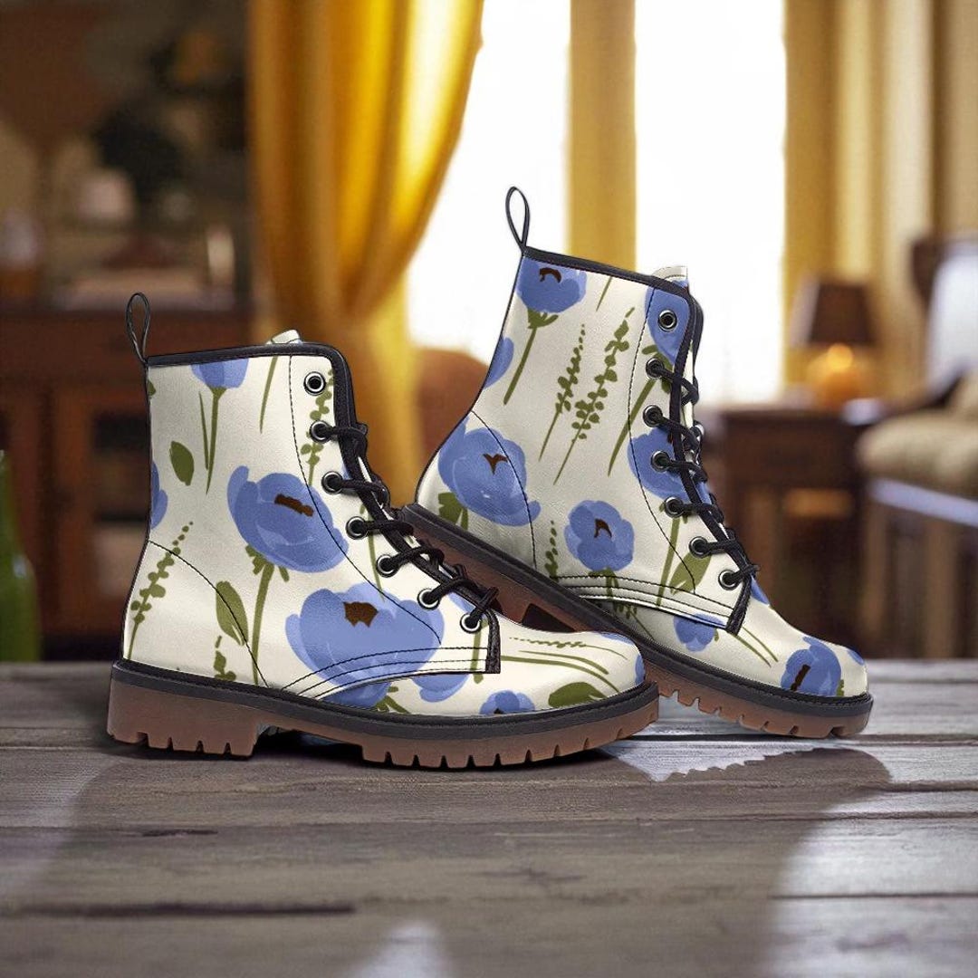 Blue Floral Combat Boots, Cottagecore Lace up Boots for Women ...
