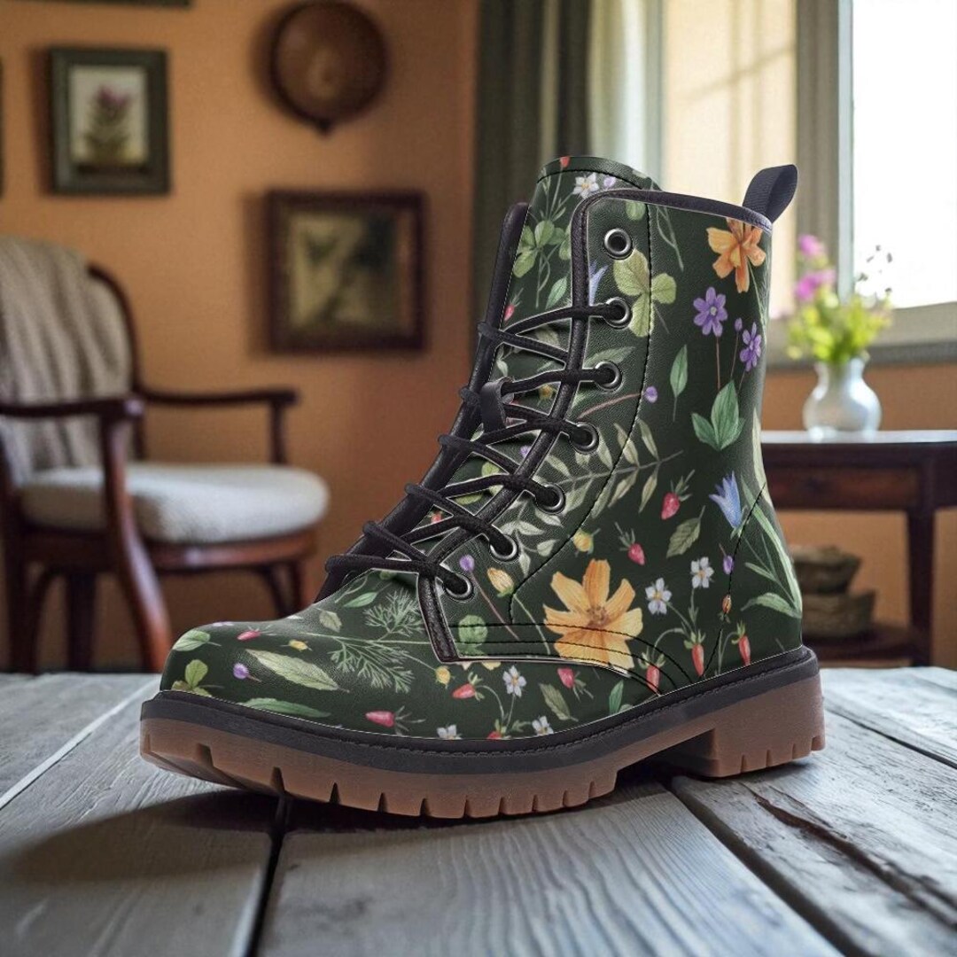 Dark Cottagecore Floral Combat Boots, Vegan Leather Lace-up Shoes ...