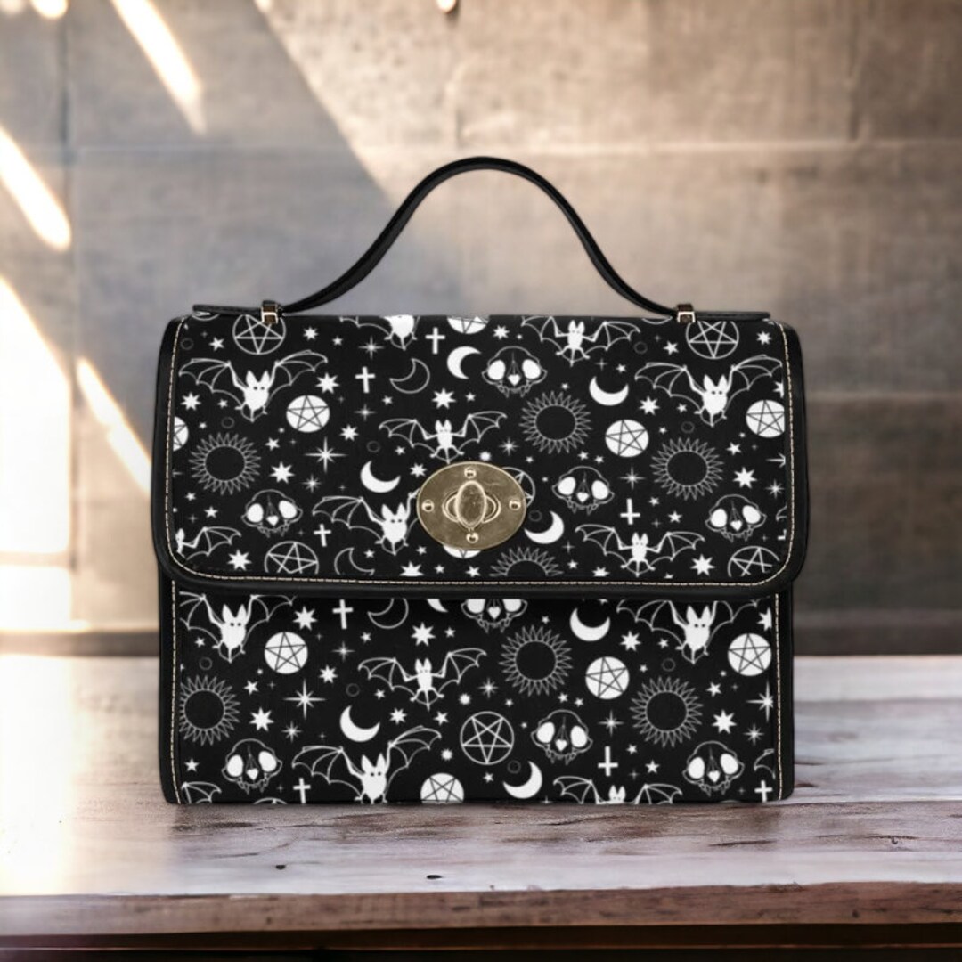 Celestial Bat Shoulder Bag, Goth Moon Print Canvas Purse, Occult Skull ...