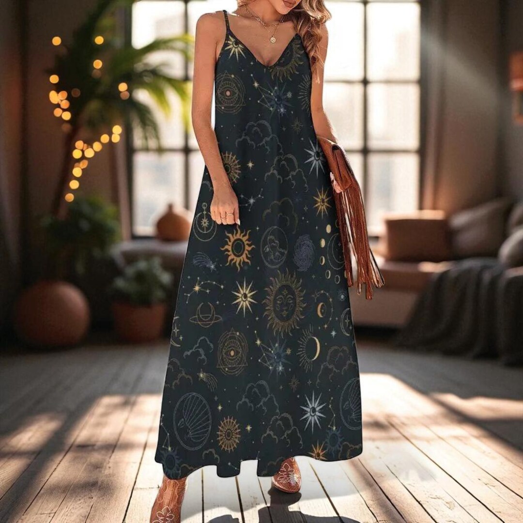 Celestial Sun Moon Dress, Black Astrology Maxi Dress, Starry Sky ...
