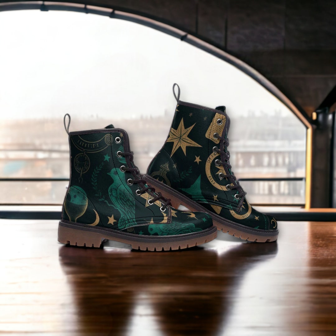 Witchy Symbols Green Vegan Combat Boots, Witchcore Festival Club Boot ...