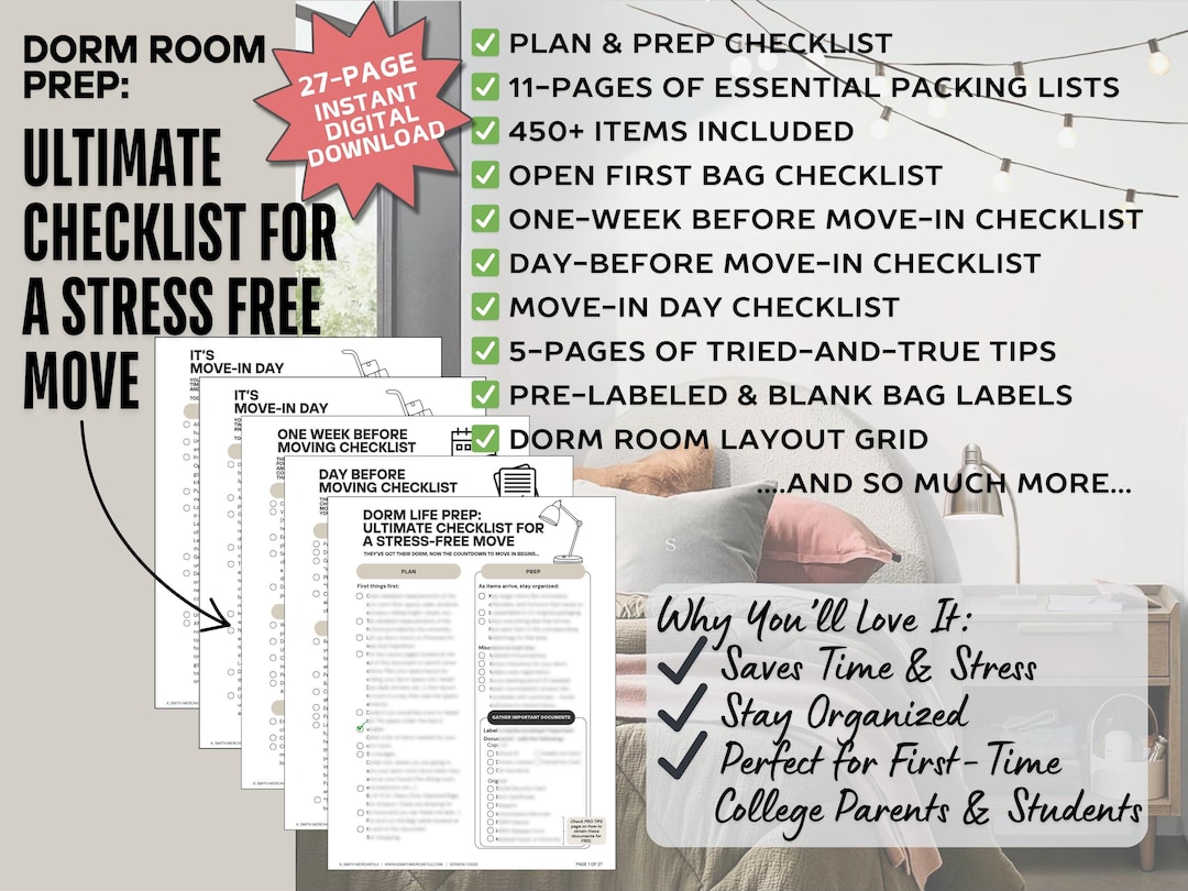 College Move-in Checklist, Dorm Room Essentials (PDF Download) - Etsy