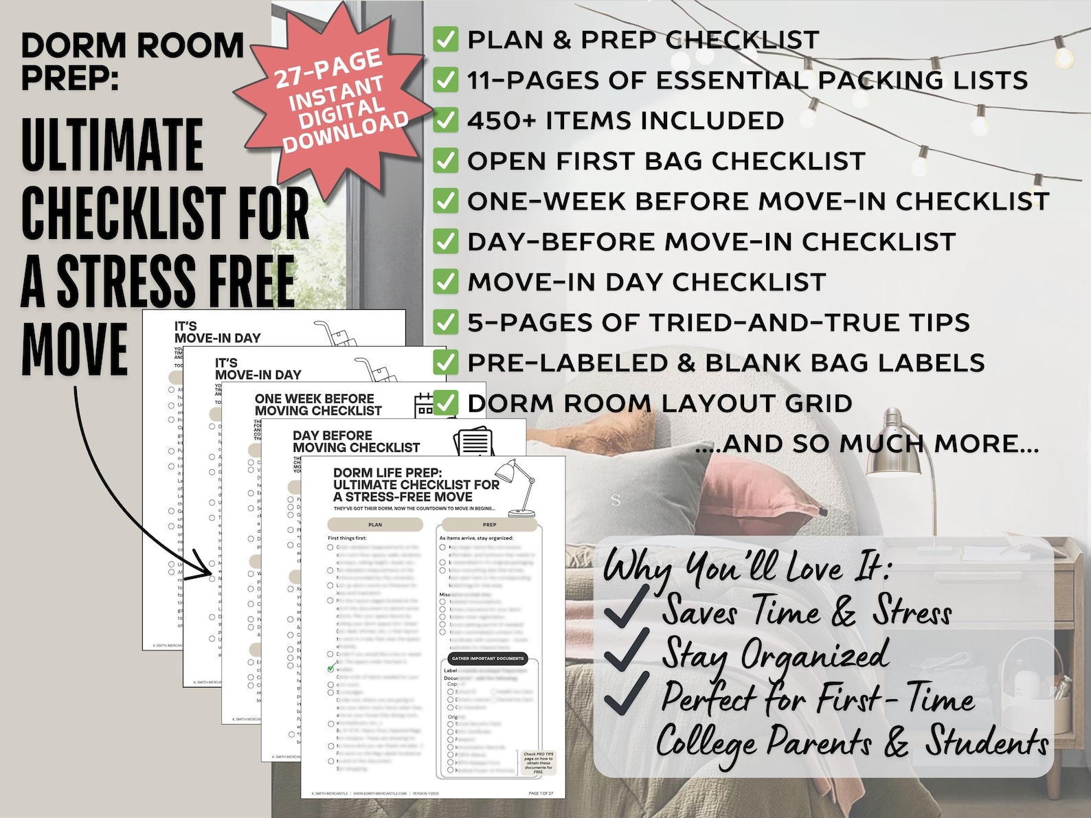 College Move-in Checklist, Dorm Room Essentials (PDF Download) - Etsy