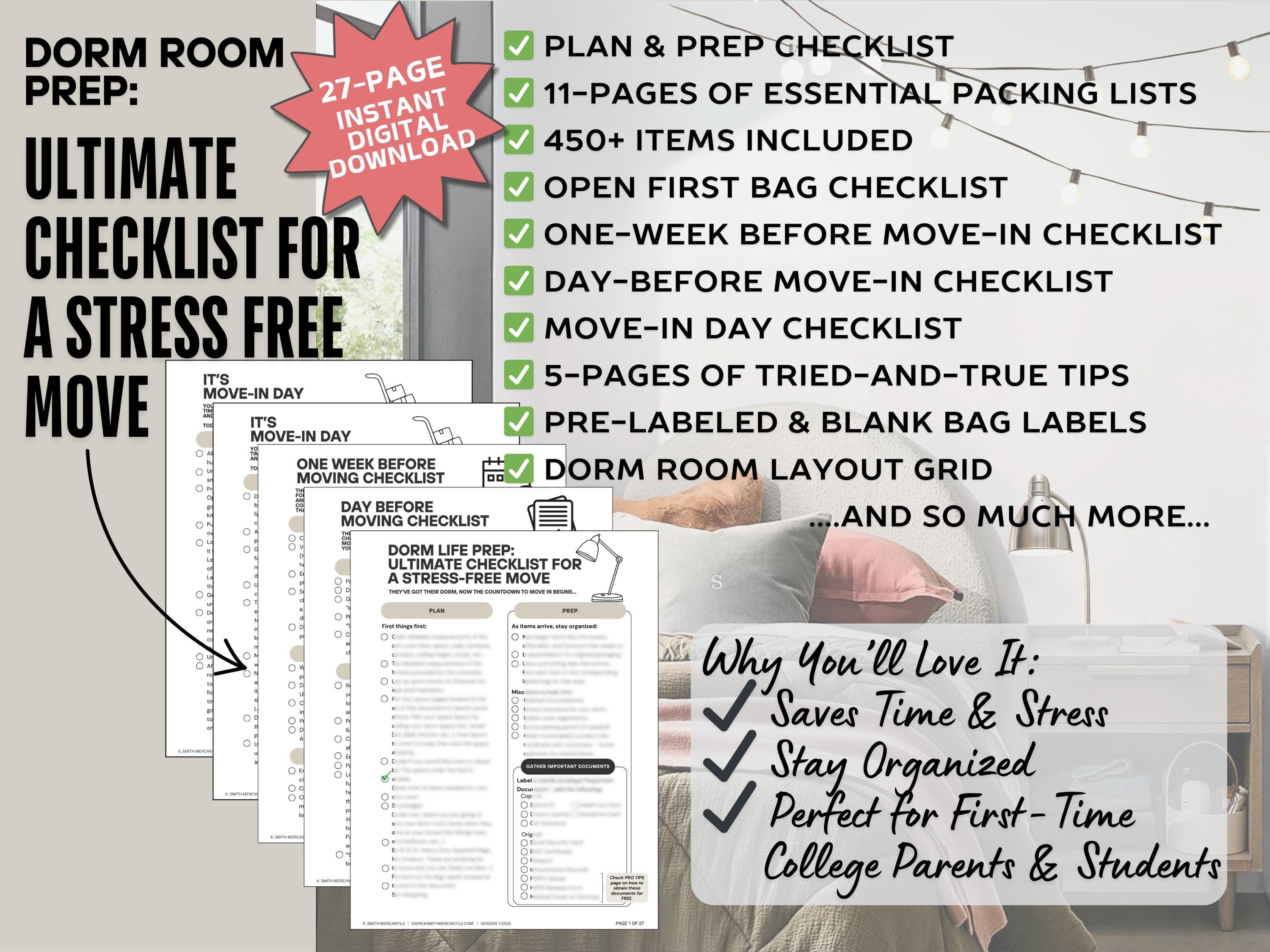 College Move-in Checklist, Dorm Room Essentials (PDF Download) - Etsy