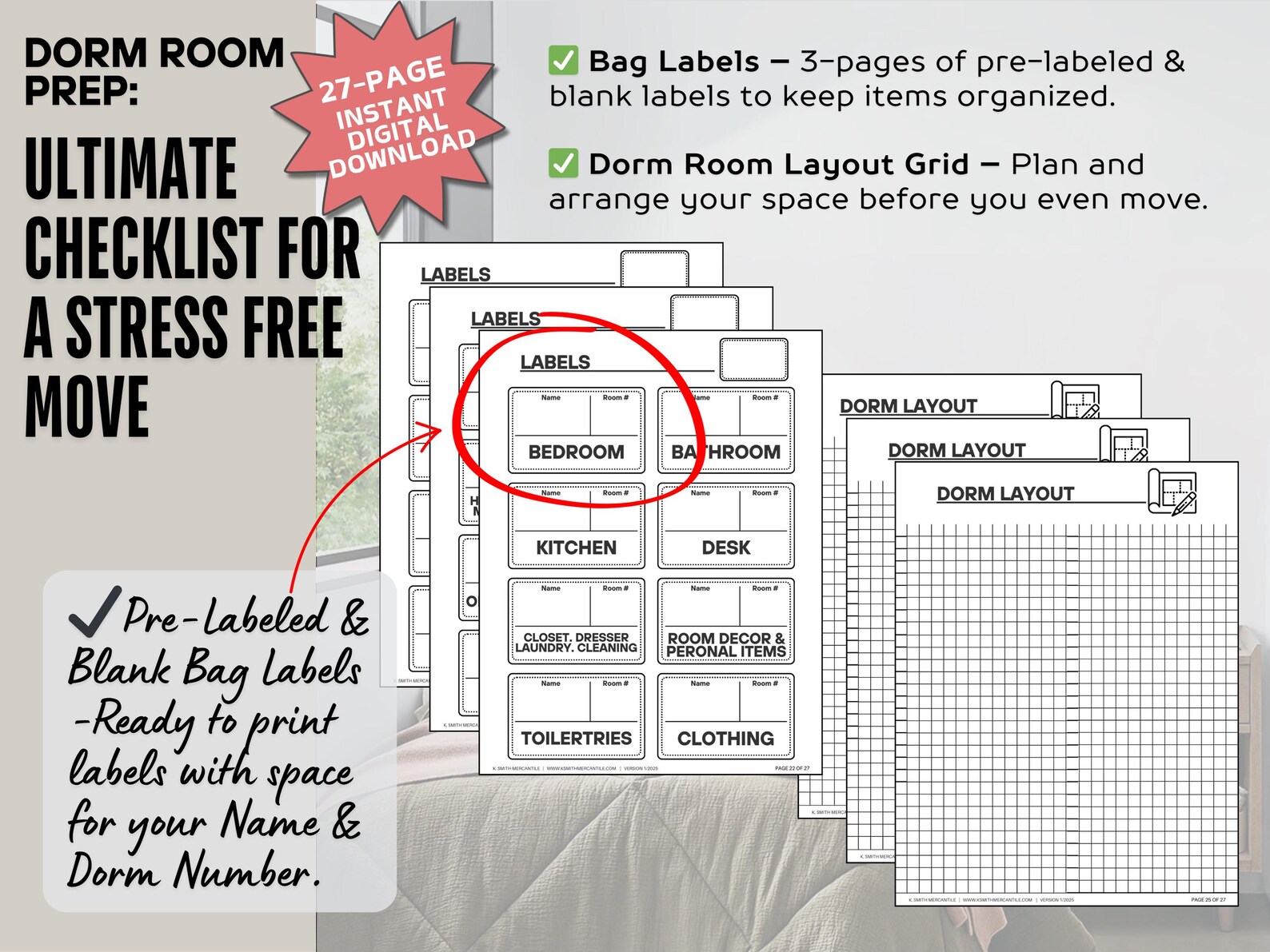 College Move-in Checklist, Dorm Room Essentials (PDF Download) - Etsy