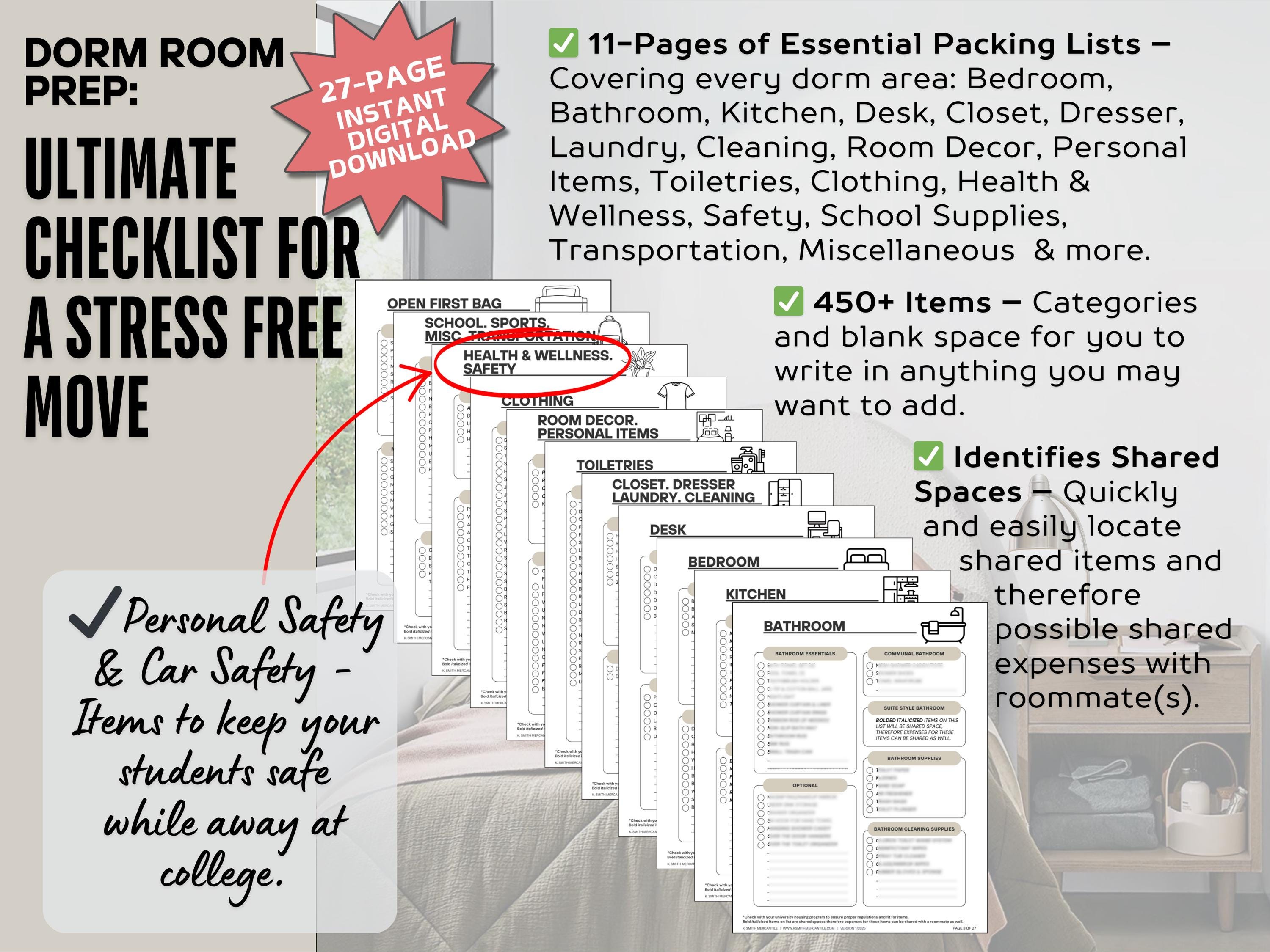 College Move-in Checklist, Dorm Room Essentials (PDF Download) - Etsy