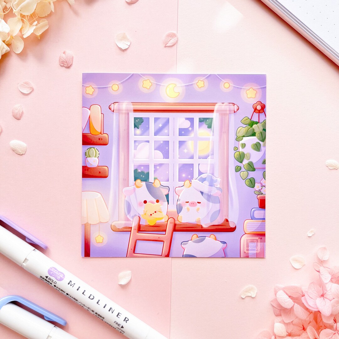 Cute Cows in Cozy Lofi Room With Dreamy Night Sky Tiger Art Print - Etsy