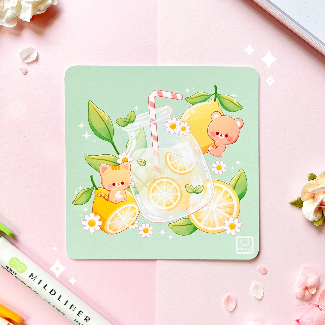 Cute Floral Lemonade With Bear and Cat Art Print - Etsy