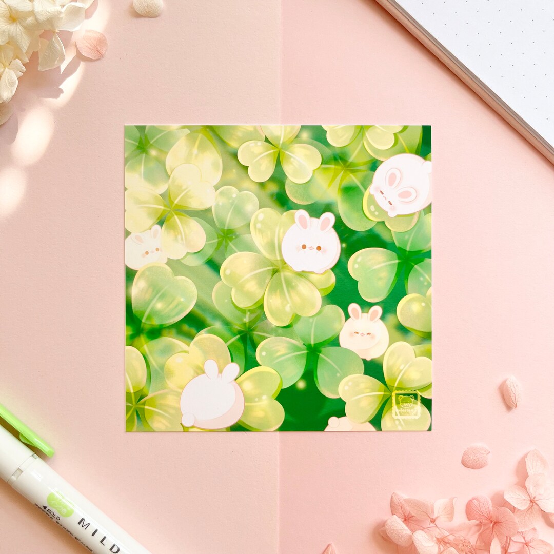 Cute Bunny in Lucky Clovers Art Print - Etsy