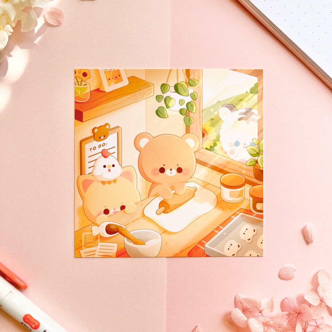 Cute Cat and Bear Baking Cookies Art Print - Etsy