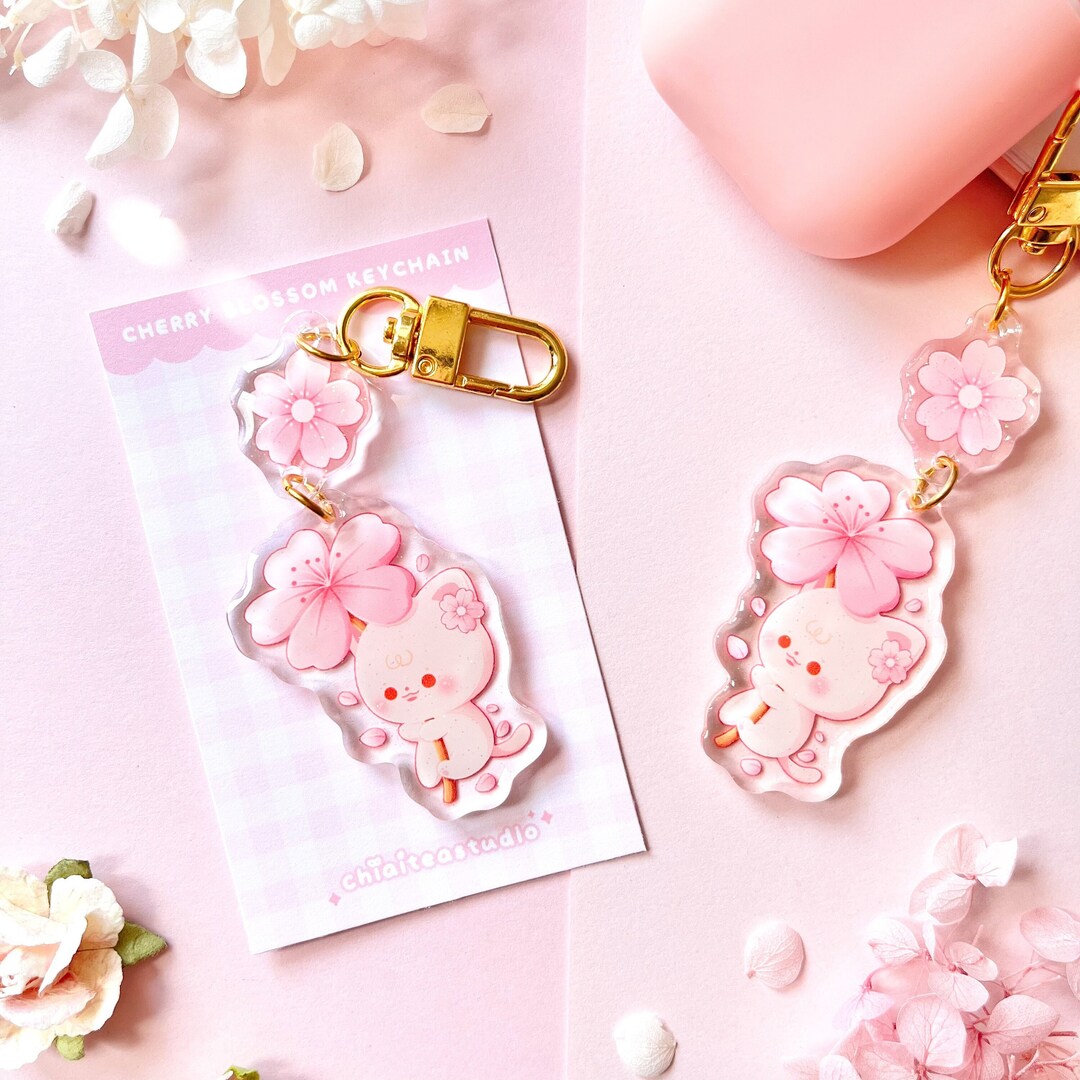 Cute Cat and Cherry Blossom Flowers Acrylic Keychain Charm With Glitter ...