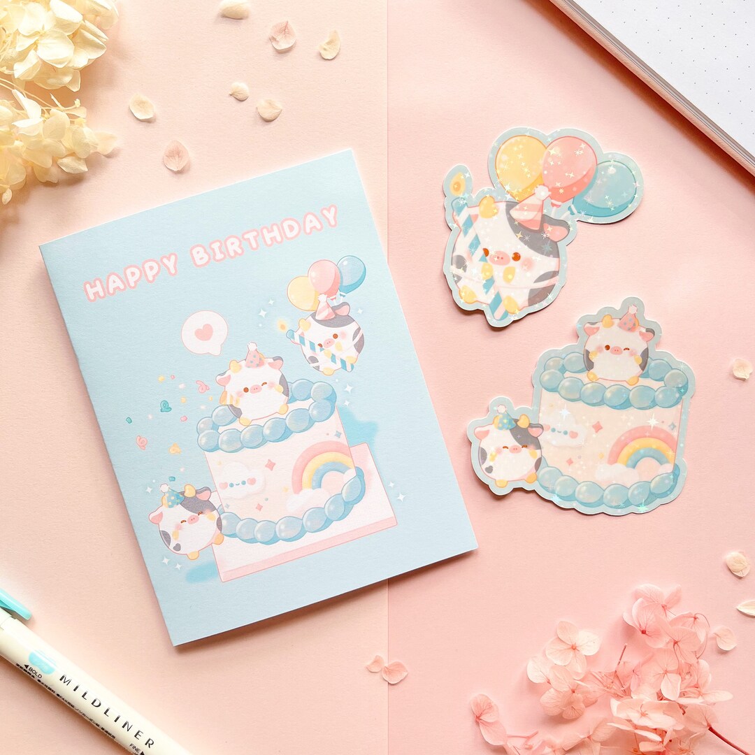 Birthday Card and Sticker Set Journal, Laptop, Bottle, Planner Sticker ...