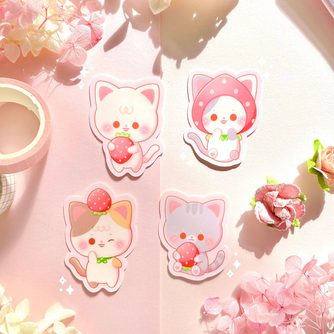 Strawberry Cats Vinyl Sticker Journal, Laptop, Bottle, Planner Sticker ...
