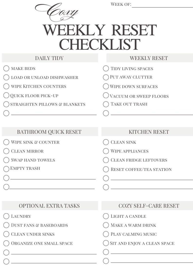 Cozy Sunday Reset Checklist Printable | Weekly Home Reset Routine for ...