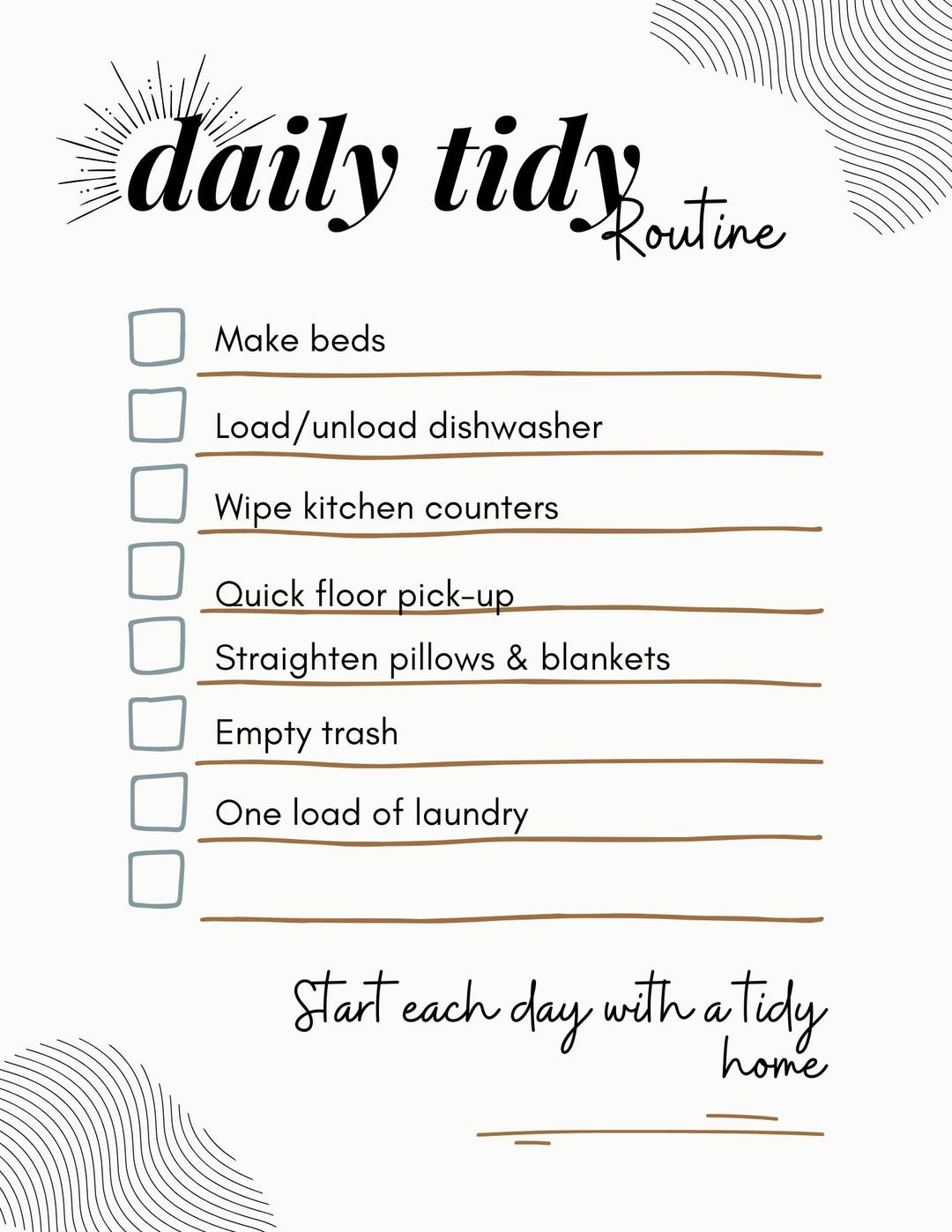 Daily Tidy Checklist Printable | Simple 10 Minute Reset Routine | Cozy ...