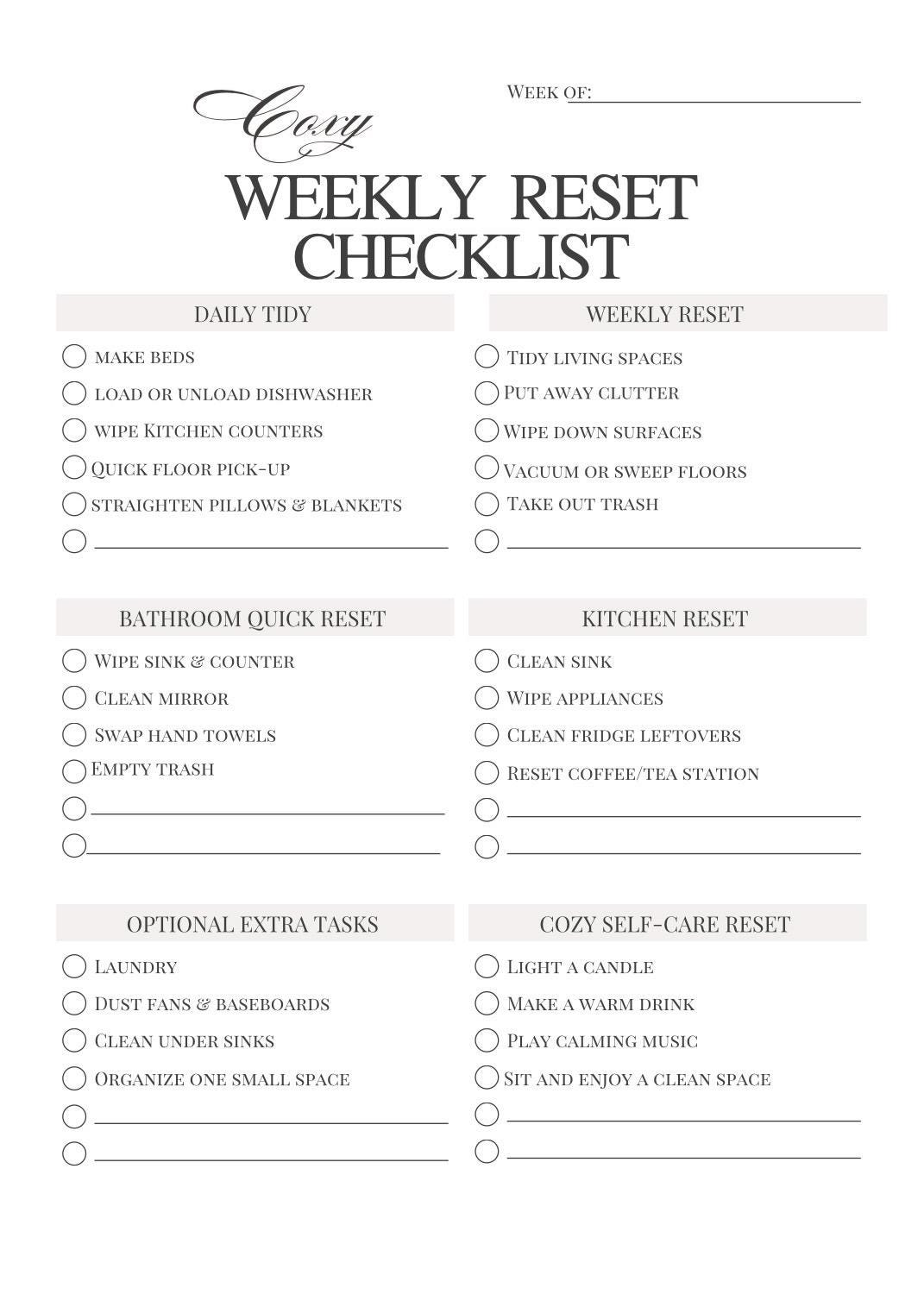 Cozy Sunday Reset Checklist Printable | Weekly Home Reset Routine for ...