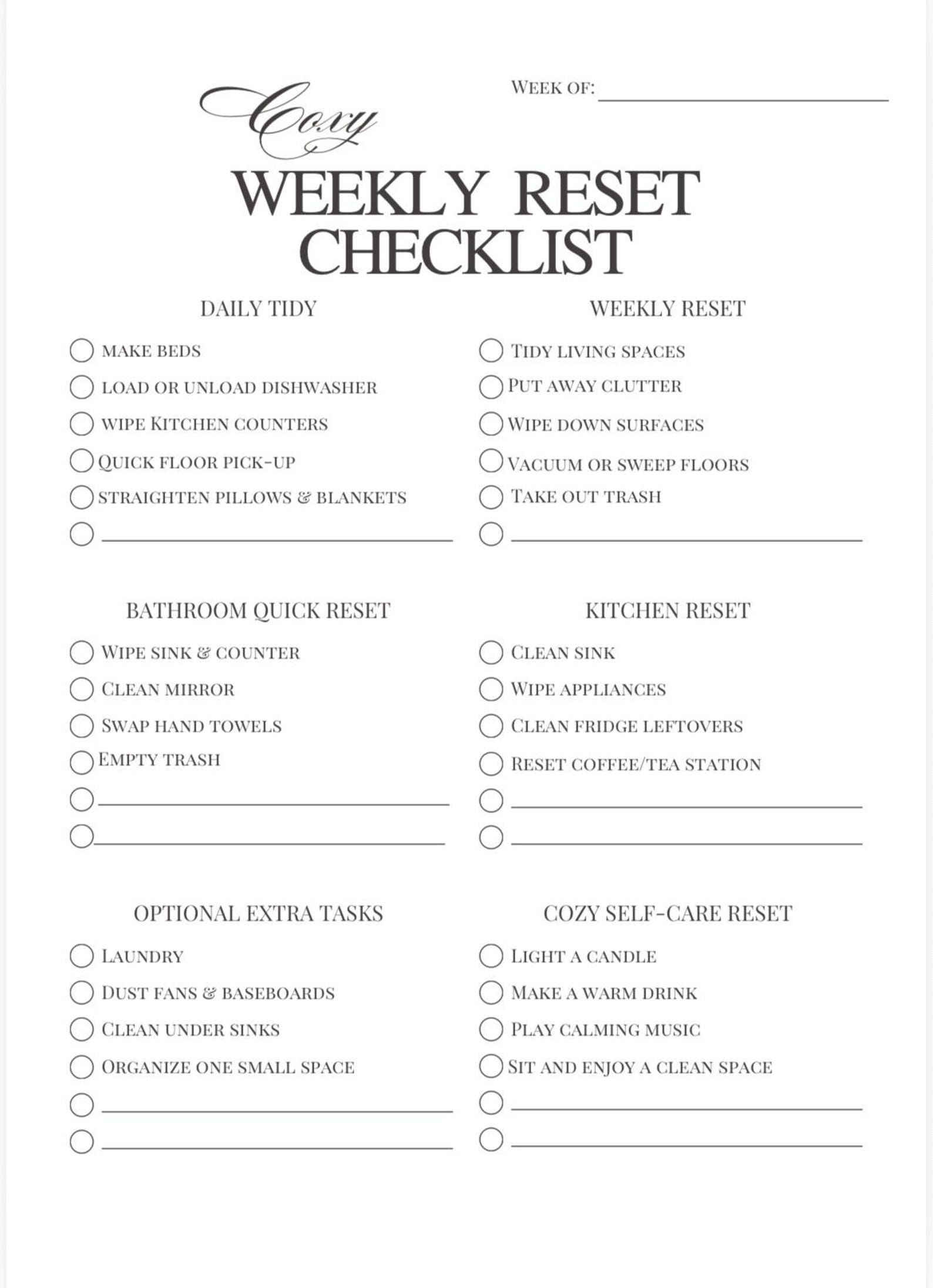Weekly Reset Checklist Printable | Black and White Cleaning Routine ...
