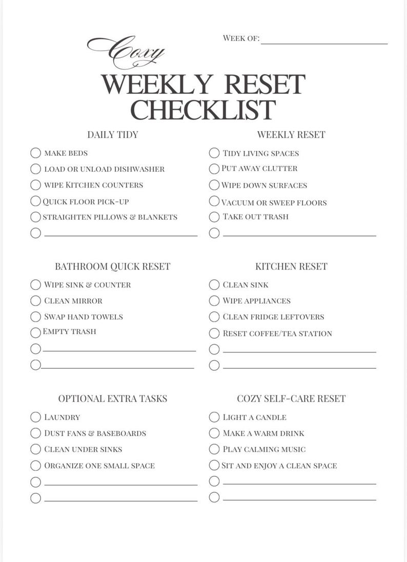 Weekly Reset Checklist Printable | Black and White Cleaning Routine ...