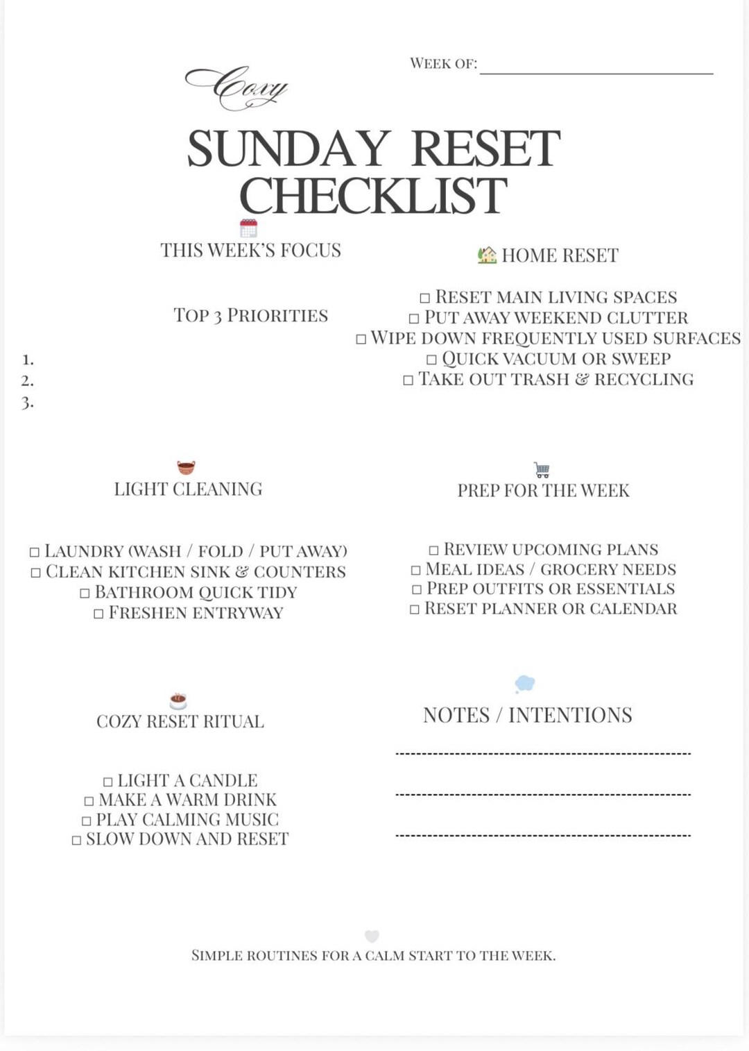 Sunday Reset Checklist Printable | Cozy Weekly Reset Planner | Simple ...