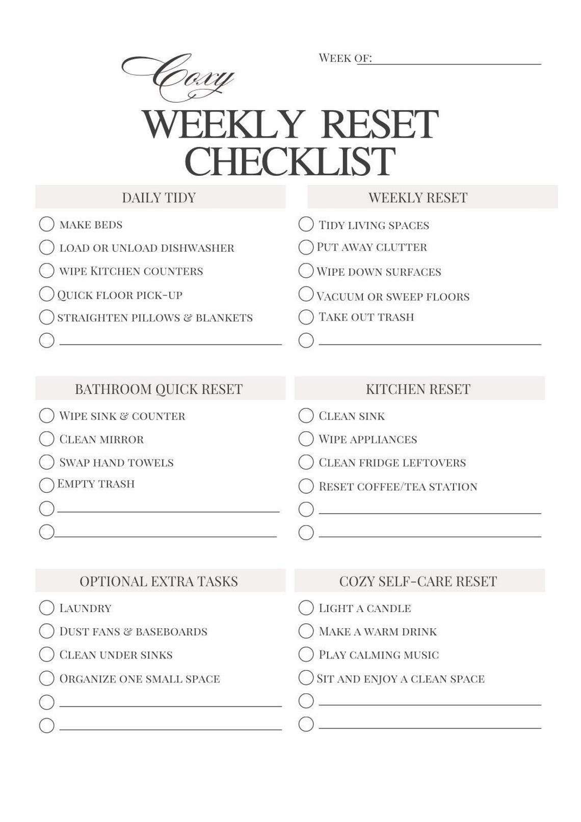 Weekly Reset Checklist Bundle | Cozy Cleaning Routine Printable ...